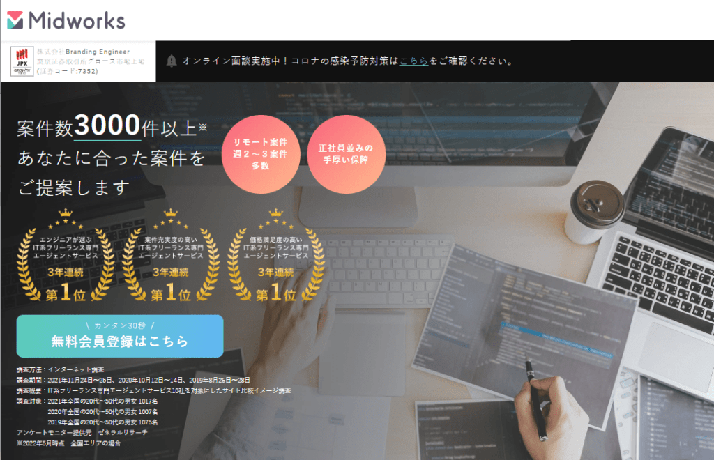 【ミッドワークス評判・口コミ】Midworksの週3・4案件と福利厚生は好印象！株式会社Branding Engineerのフリーランスエージェント